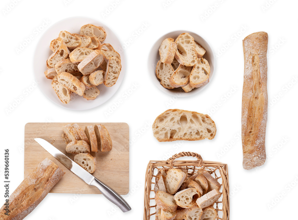 Bread isolated. Baguette, loaf of bread, basket, plate with slices of ...