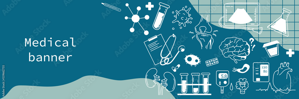 Medical Banner with objects of laboratory tests and medical equipment ...