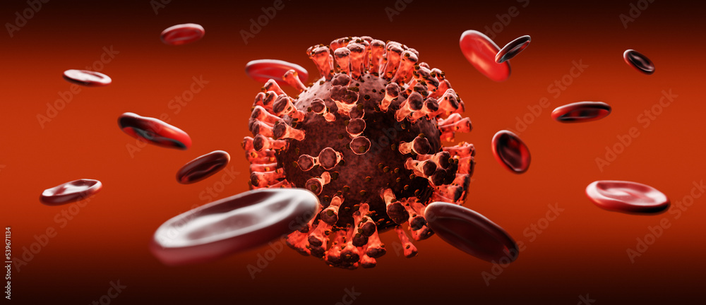 Model of a mpox virus cell in the blood circulation with red platelets ...