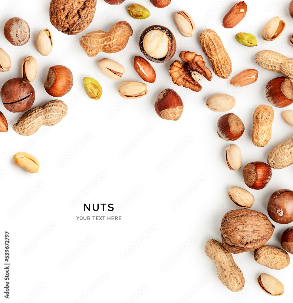 Mixed nuts frame border on white background. Creative layout. Stock ...