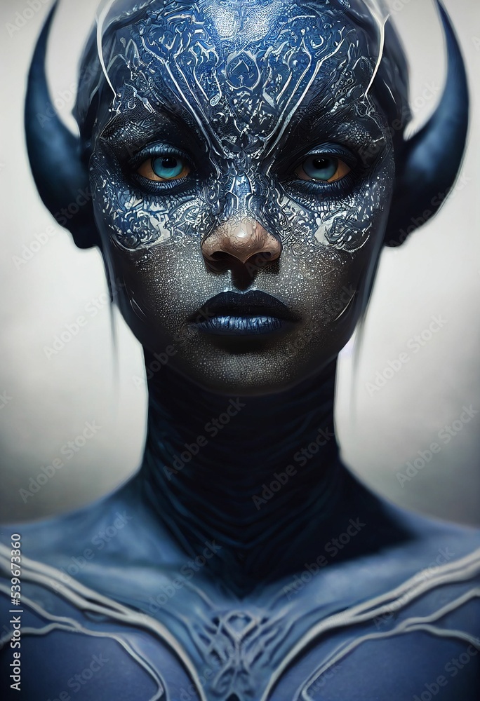 Vertical hyper-realistic illustration of a graceful blue female alien ...