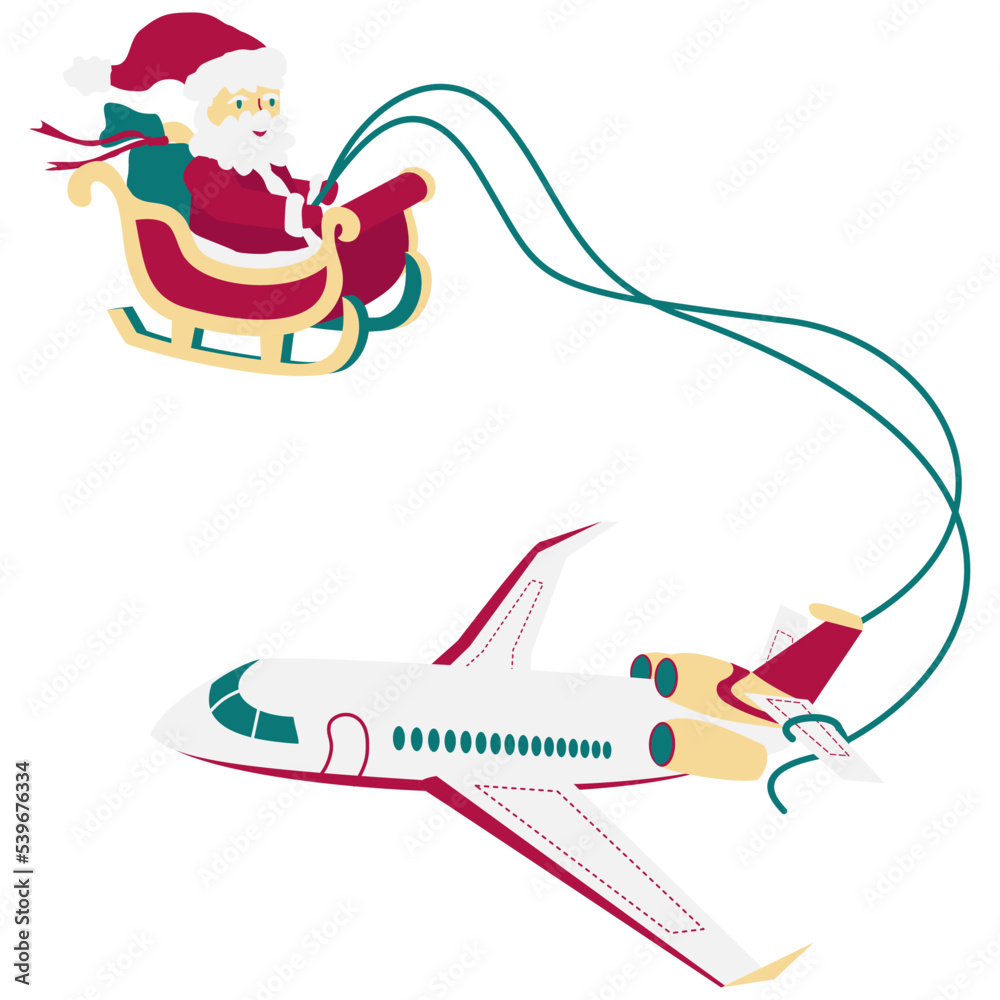 Cartoon christmas doodle of Santa Claus flying behind the plane ...