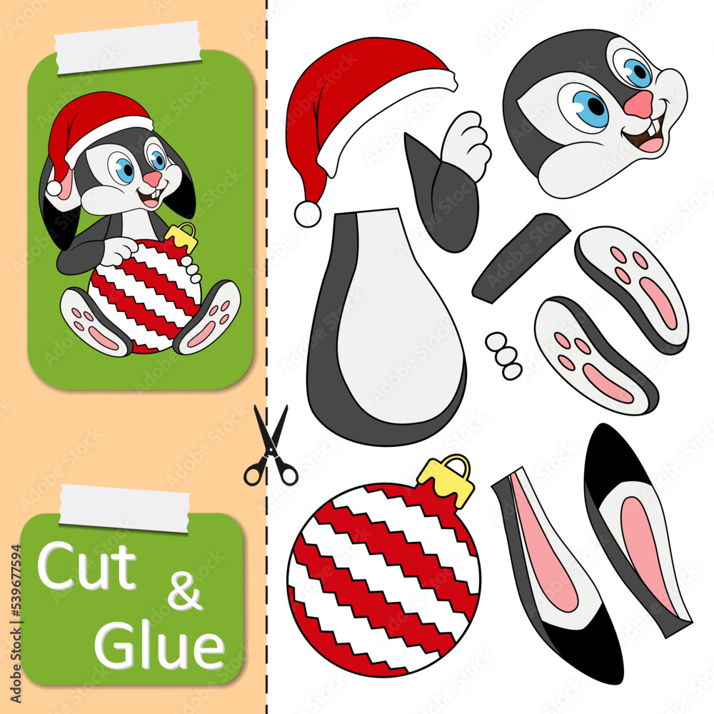 Cut and glue the paper game with smiling rabbit holding New Year's Ball ...