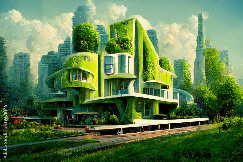 Green building with garden. Parametric solapunk eco-architecture. Green ...