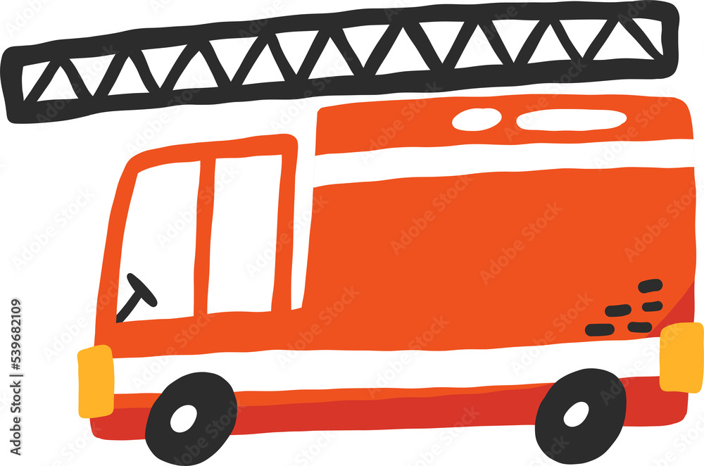 Firetruck. Cute doodle drawn illustration in cartoon style for kids ...
