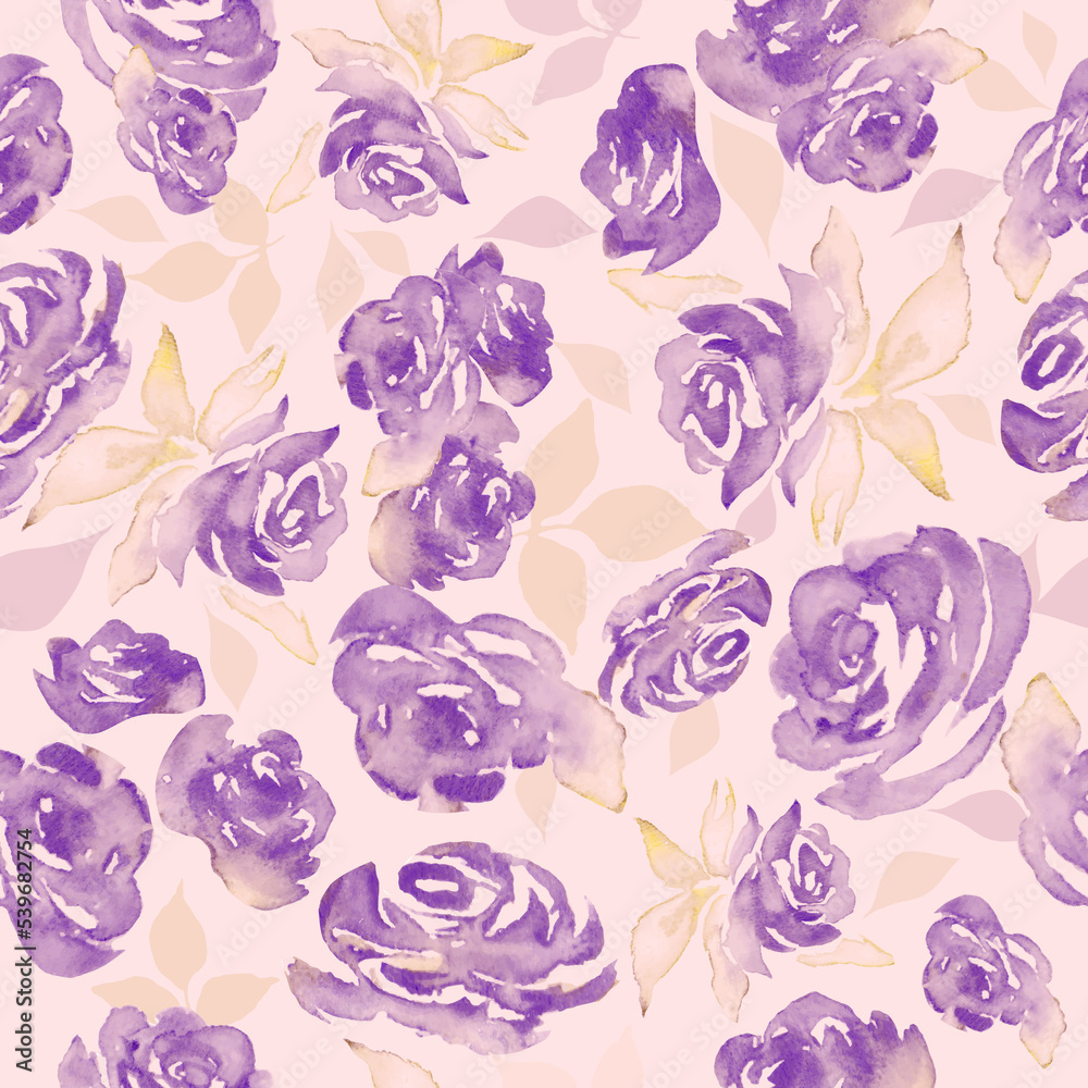 Watercolor floral seamless pattern with purple roses, leaves. Hand ...