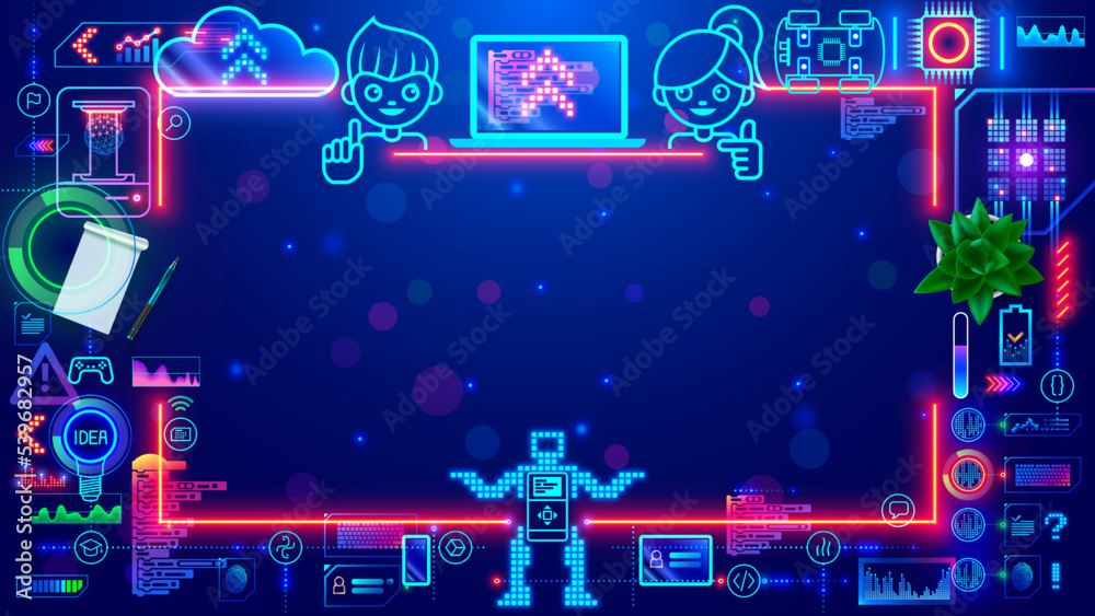 Frame in electronic tech style for kids educational. Child computer ...