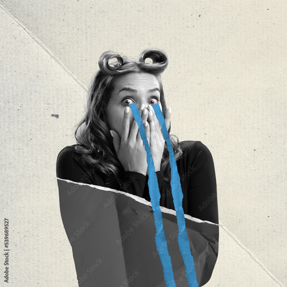 Autumn tears. Young surprised woman feeling sadness. Contemporary art ...