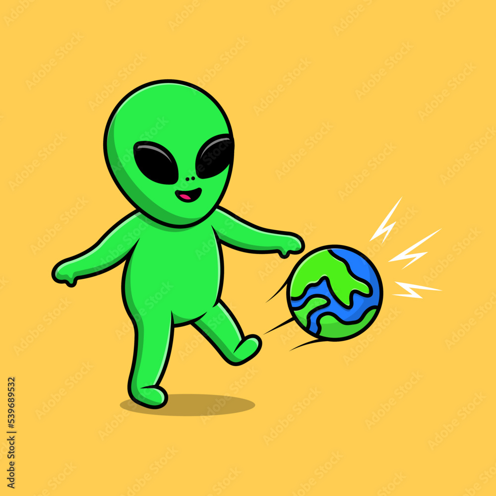 Cute Alien Playing Soccer Earth Cartoon Vector Icons Illustration. Flat ...