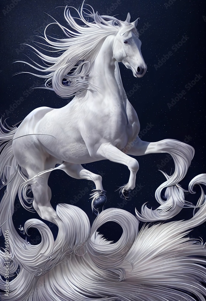 Vertical hyper-realistic illustration of a graceful fantasy white horse ...