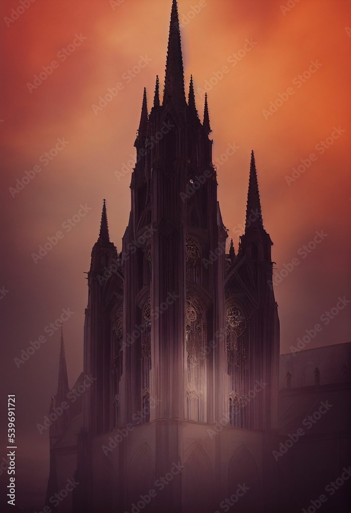 Vertical hyper-realistic illustration of a mysterious castle in fog ...