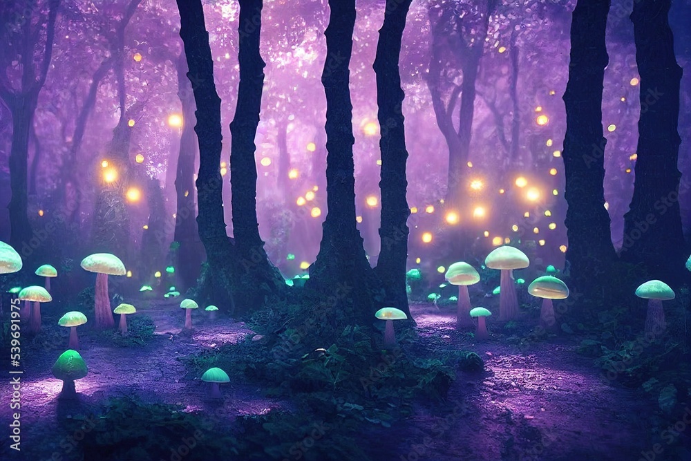 Surreal fantasy land with large forest full of all sizes mushrooms. Beautiful magical fairy tale ...