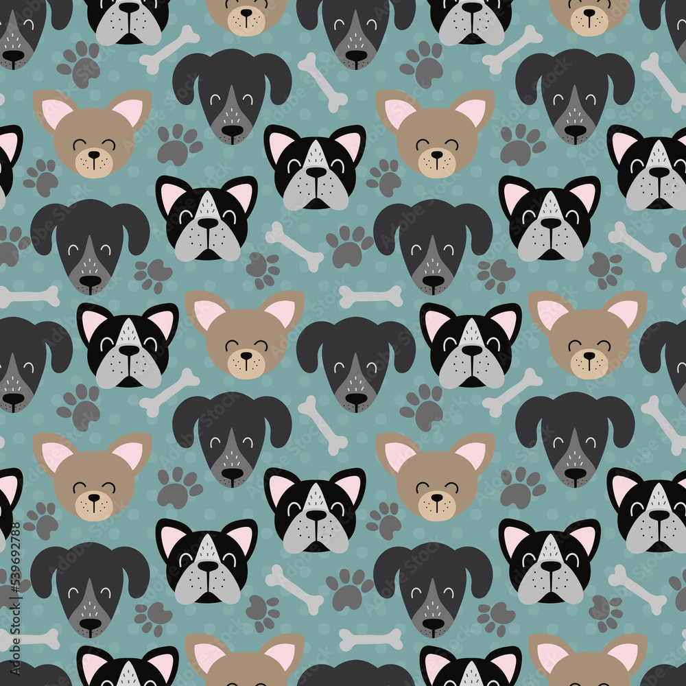 Seamless dog pattern, Dog faces repeat design, Cute cartoon dog ...