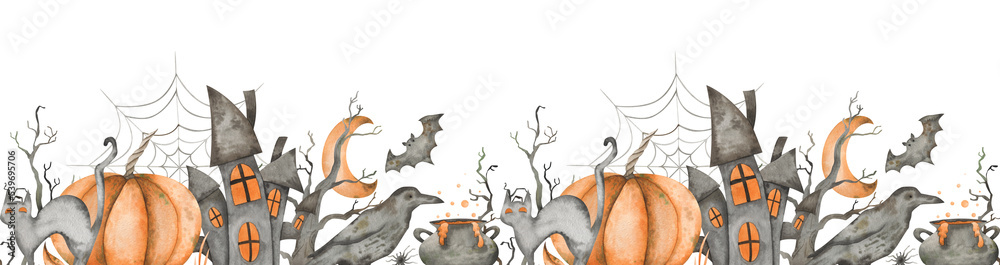 Watercolor seamless border with haunted houses, black cats, crows ...