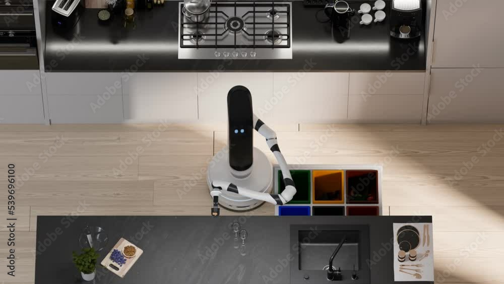 Automated kitchen robot arm helping with chores. Futuristic home ...