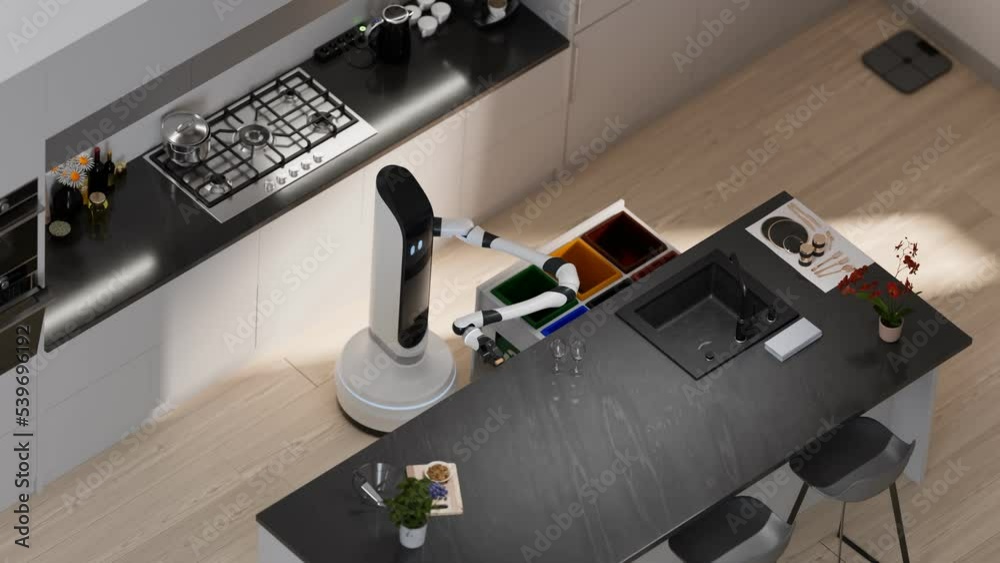 Automated kitchen robot arm helping with chores. Futuristic home ...