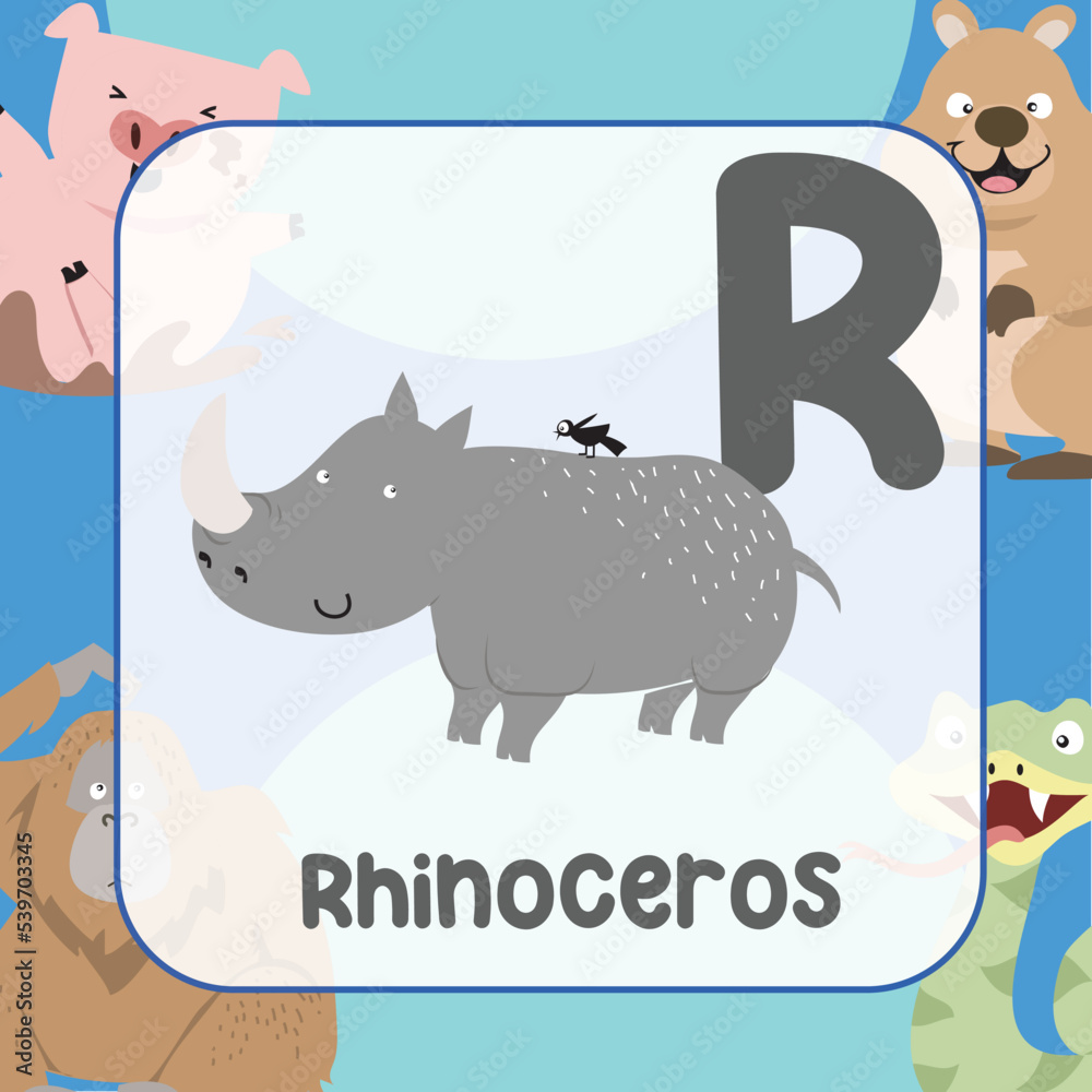 Animals alphabet flashcard for toddlers. Learning card introducing ...