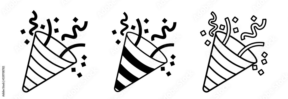Party popper icons with ribbon and confetti.Congratulate and celebrate ...