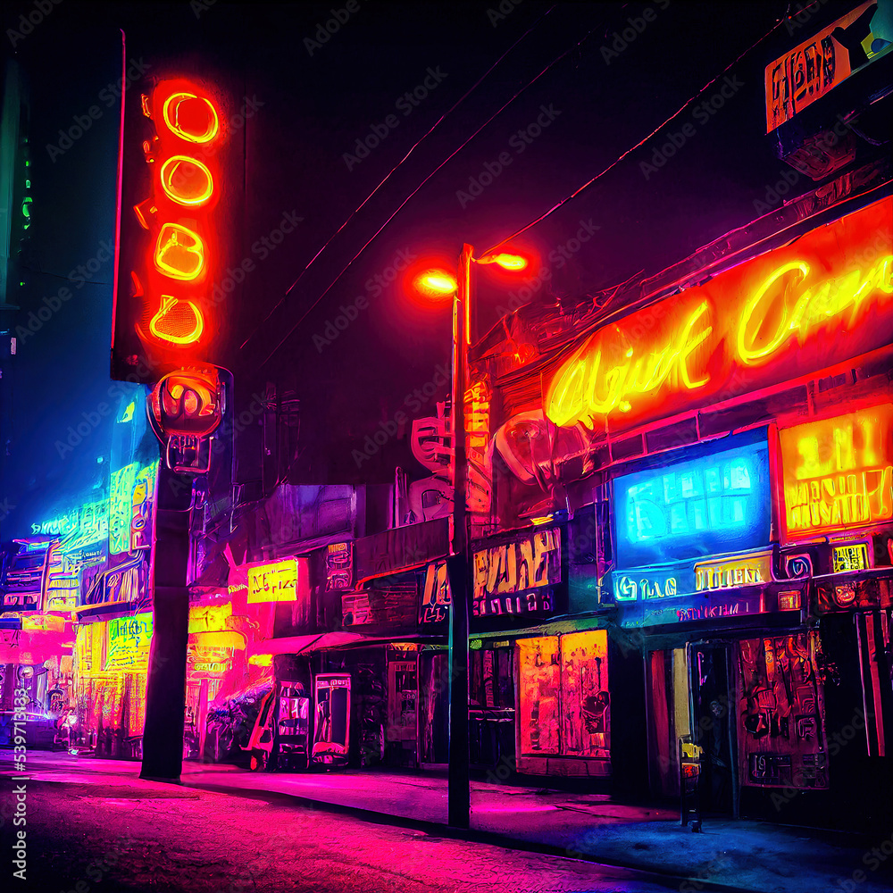 3d illustration of cyberpunk city street at nighttime with bars and ...