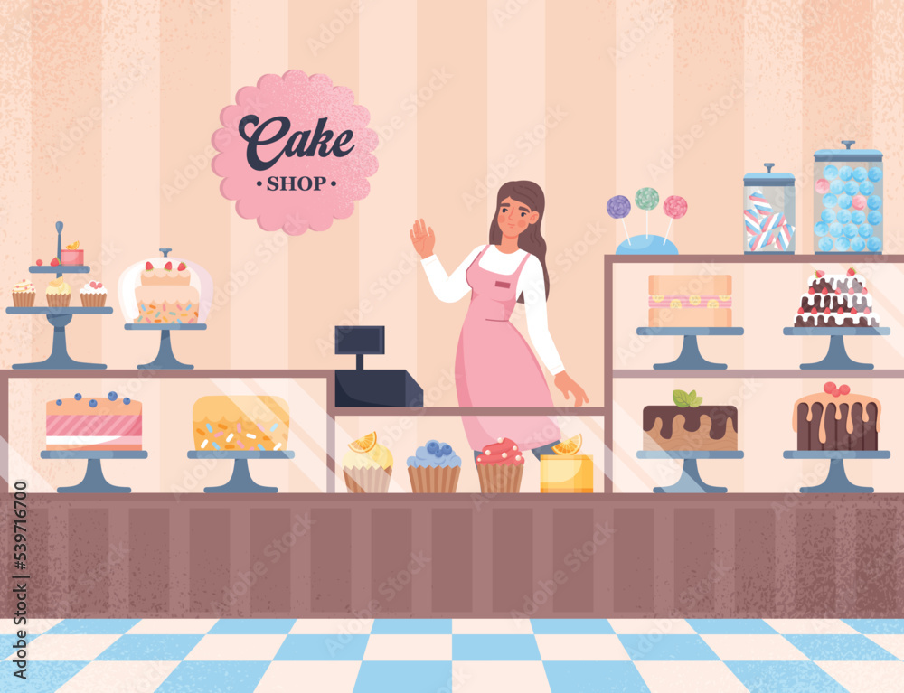 Cake shop concept. Woman stands near showcase with sweets and bakery ...