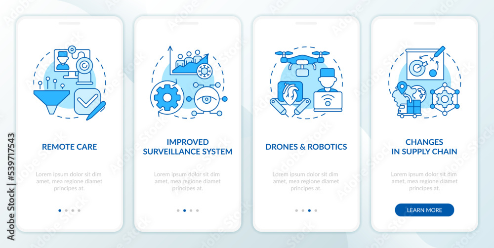 Healthcare in post covid era blue onboarding mobile app screen. Walkthrough 4 steps editable ...