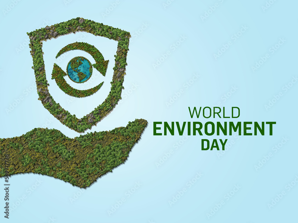 3D Hands holding green safety symbol. Save Earth concept. World ...