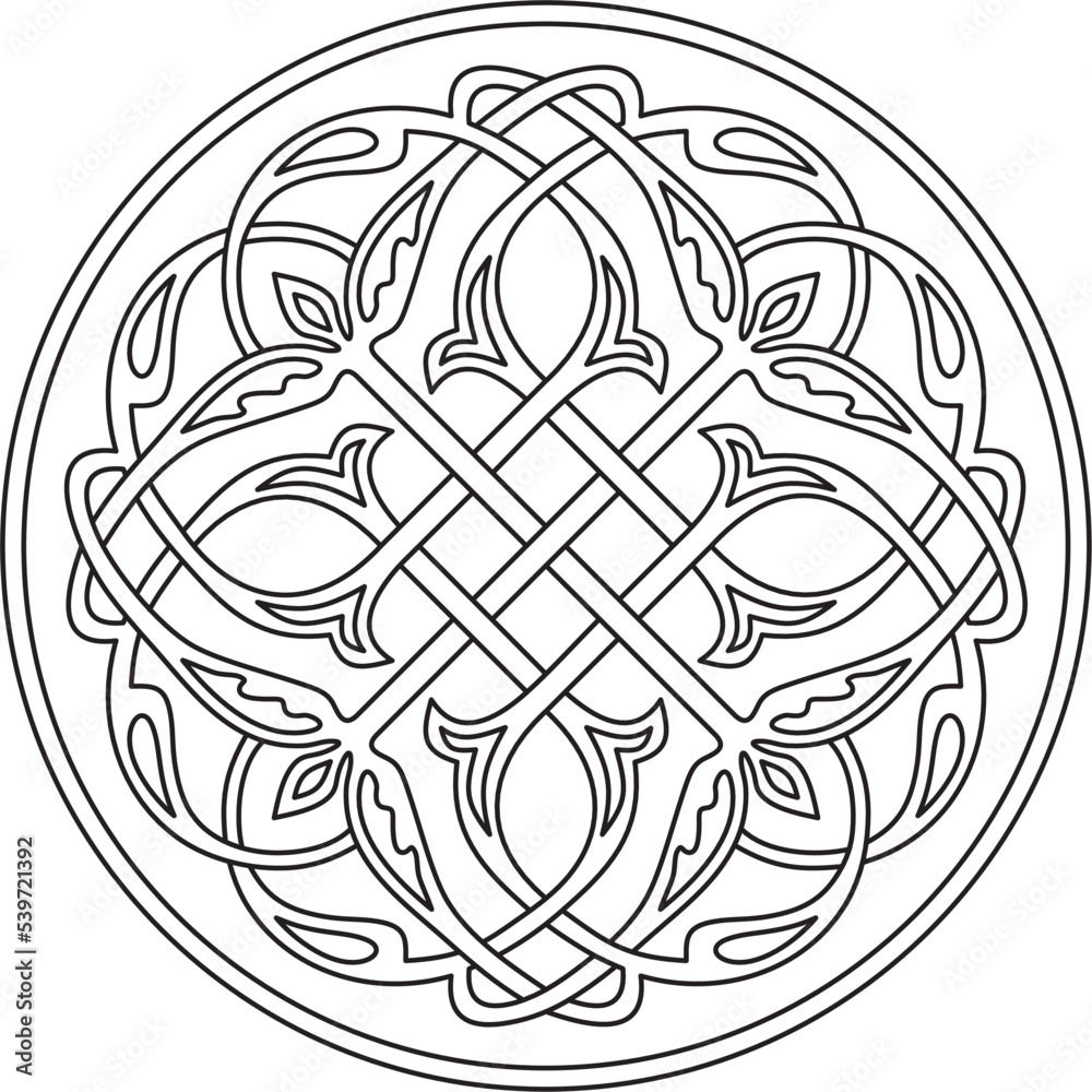 Vector monochrome linear round Byzantine ornament, knot, rosette. Circle Greek pattern, Drawing ...