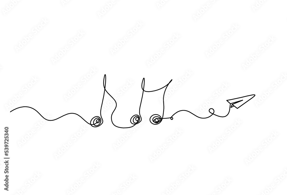 Abstract whole note with paper plane as continuous lines drawing on ...