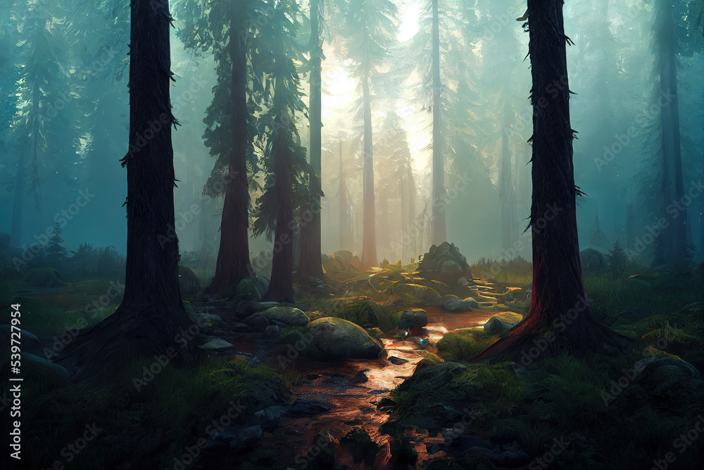 Dramatic light in a dark forest, a mysterious and surreal image. Stock ...