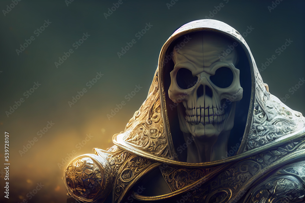 3 D render. Skeleton knight in armor. Horror background. Stock ...