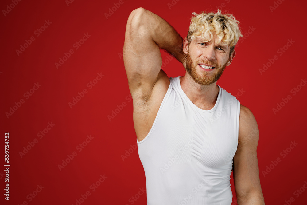 Young sad ill strong sporty toned sportsman man wears white clothes ...