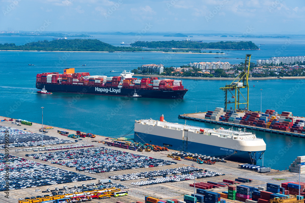 Singapore - May 202: The Vehicles carrier ships and container ship at ...