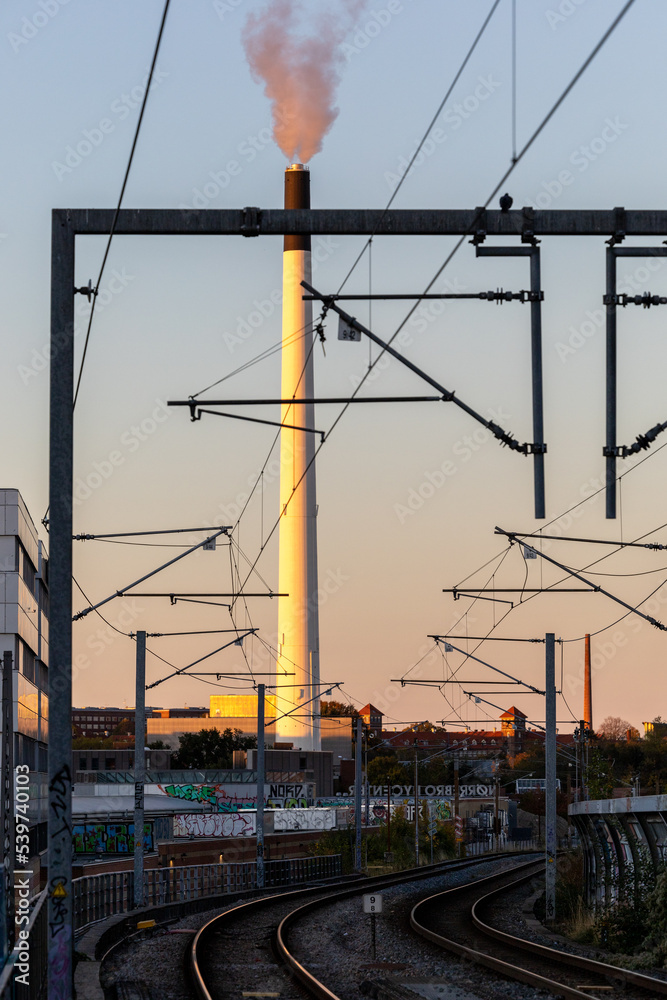 Copenhagen, Denmark The commuter train track of the S-line and a power ...