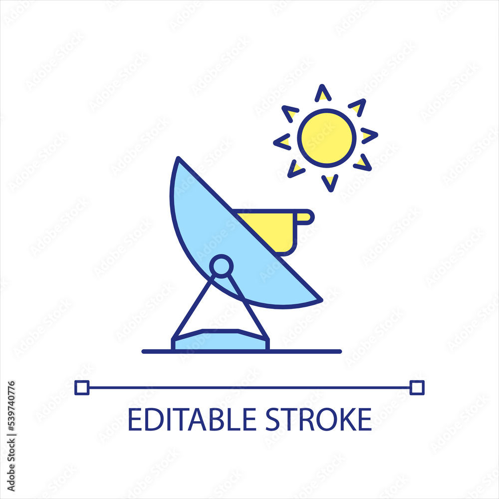 Parabolic solar oven blue and yellow RGB color icon. Thermal collector ...