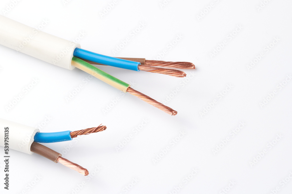 Electric cables, many copper wires with colored isolation isolated on ...
