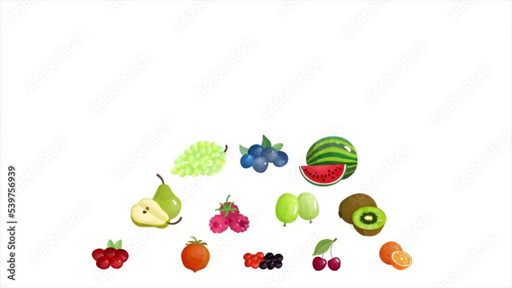 Mixed fruits falling down on white background with motion animation ...