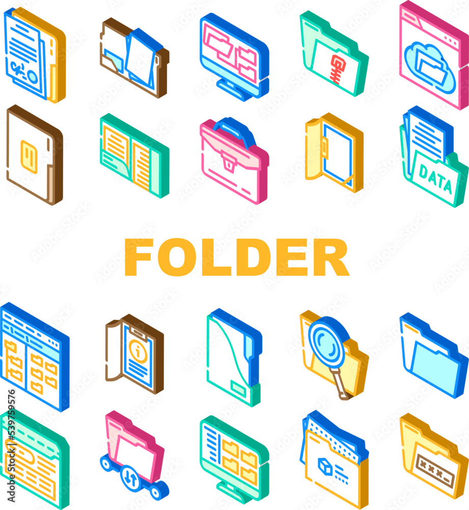 folder document business file icons set vector. office computer, paper ...