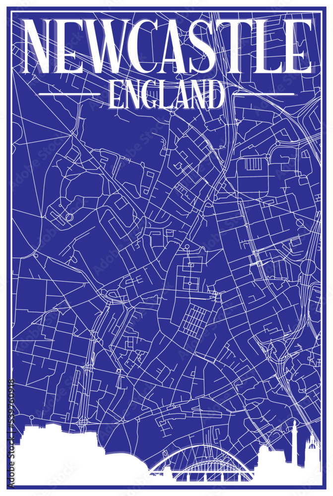 Blue vintage hand-drawn printout streets network map of the downtown ...