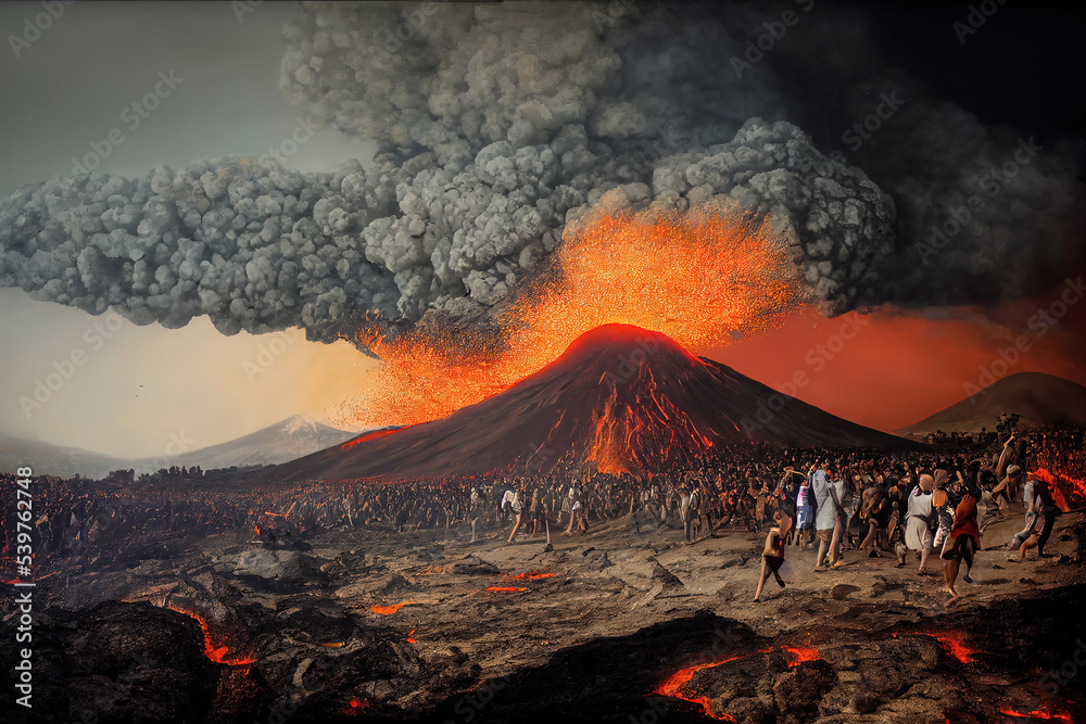 Digital illustration of eruption of Mount Vesuvius. Crowds of people ...