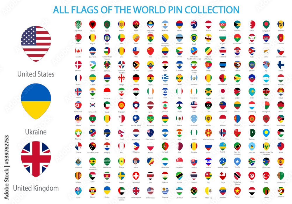 All national flags of the world with names - pin shape with shadow flag ...
