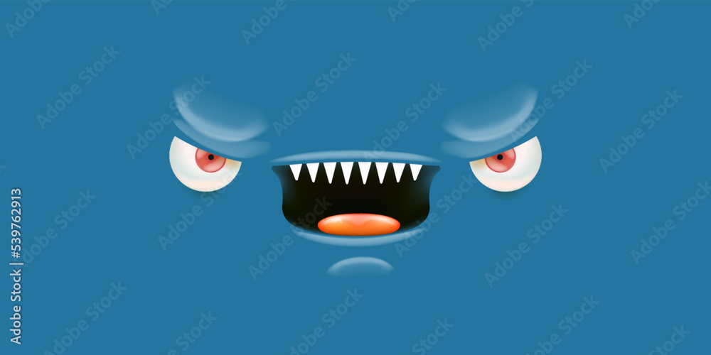 Vector angry blue monster face with open mouth with fangs and evil eyes ...