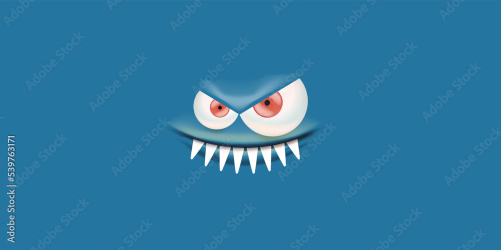 Vector angry blue monster face with open mouth with fangs and evil eyes ...