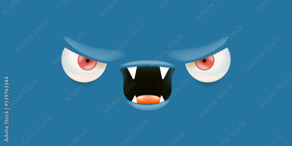 Vector angry blue monster face with open mouth with fangs and evil eyes ...
