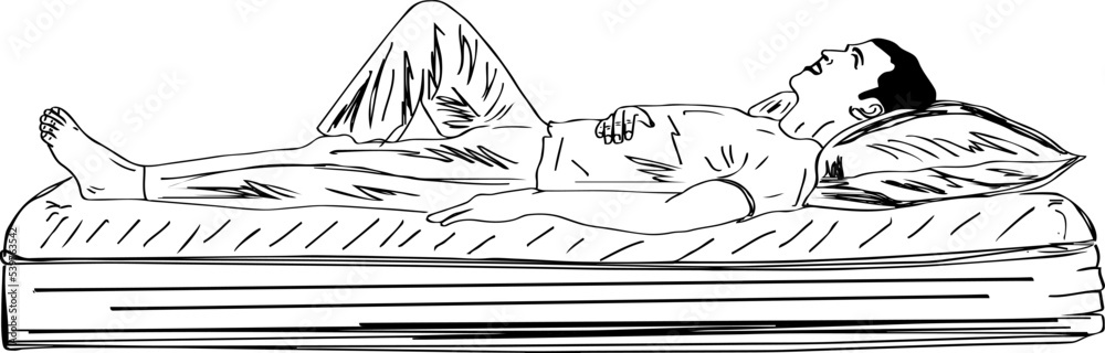 sleeping on a comfortable mattress and pillow, outline vector ...