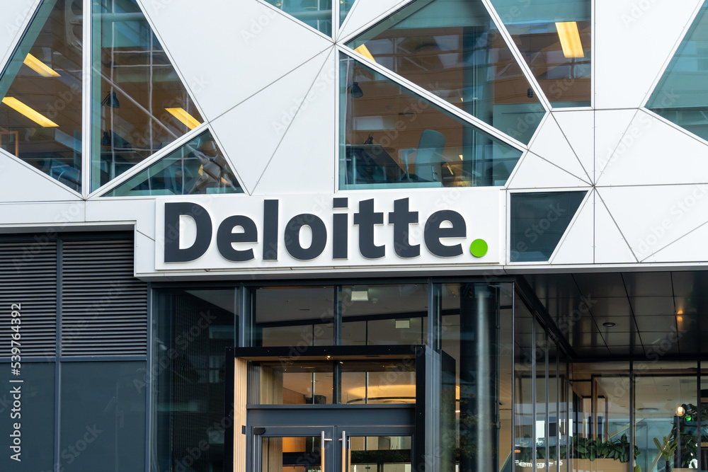 Oslo, Norway - October 15, 2022: Close up of Deloitte sign at its ...