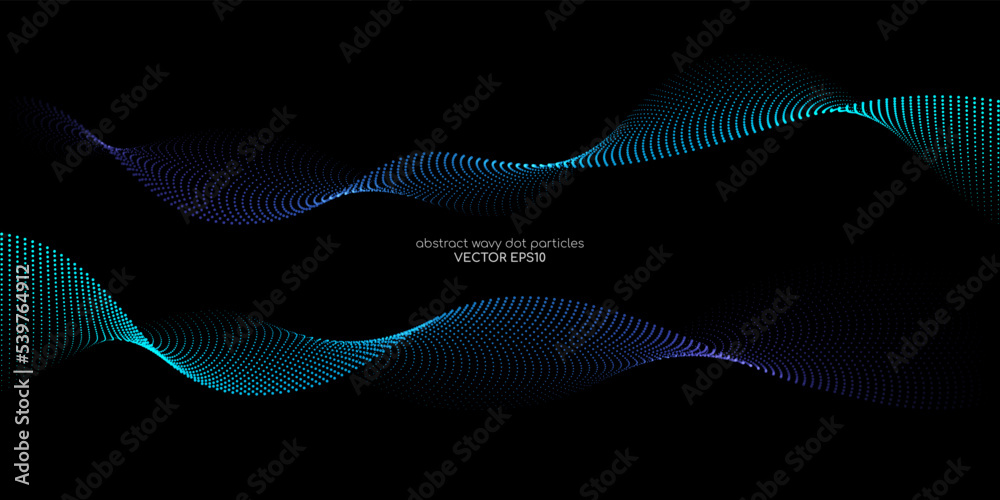 Flowing particles wave pattern, blue and green color isolated on black ...