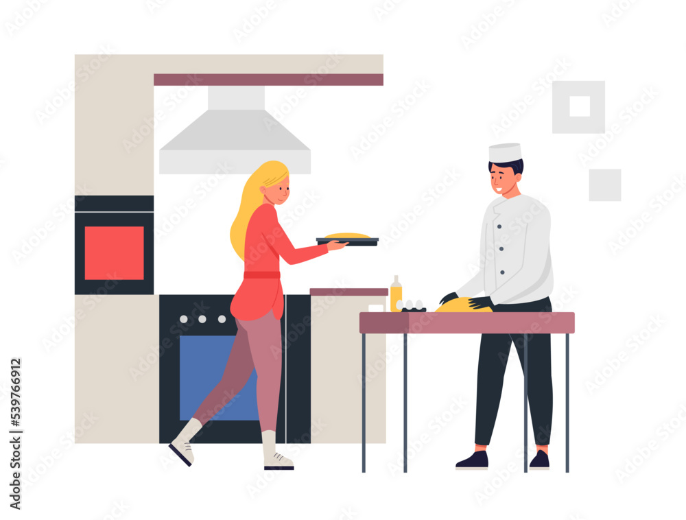 Cartoon characters cooking together. Male chef in uniform making dough ...