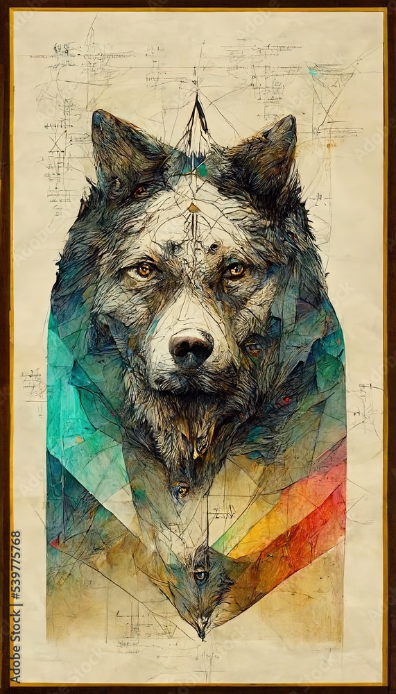 Colorful diagram of a majestic wolf in geometrical colorful lines and ...