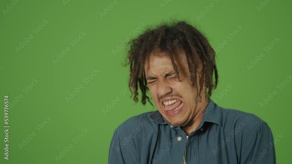 Young Multicultural Curly Freelancer Student in Denim Shirt Emotionally ...