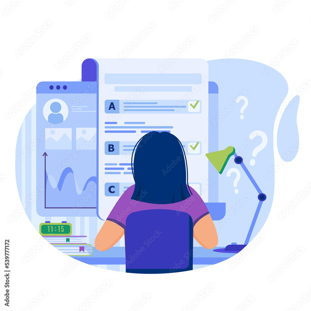 Online testing concept. Woman fills out online questionnaire form by ...